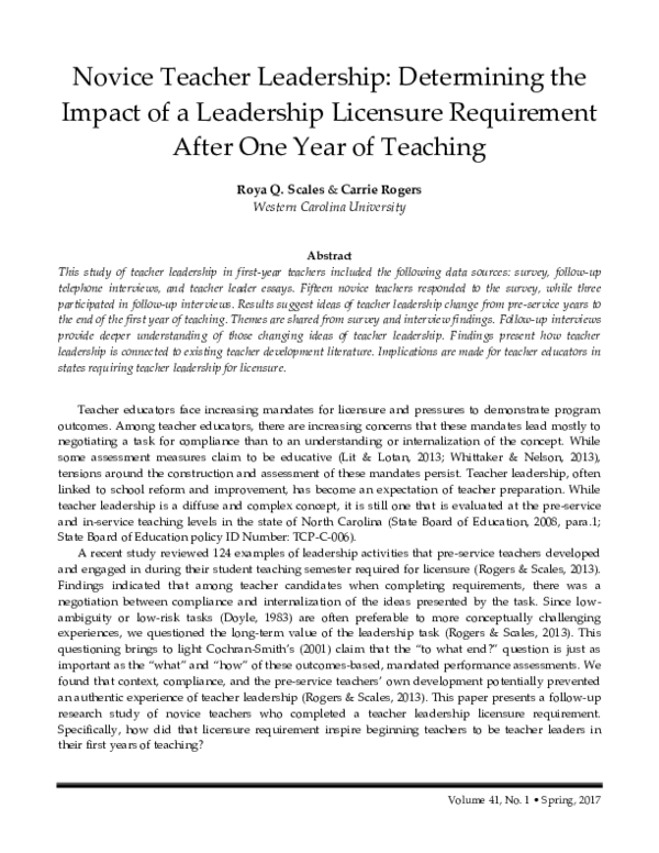 (PDF) Novice Teacher Leadership: Determining the Impact of a Leadership ...