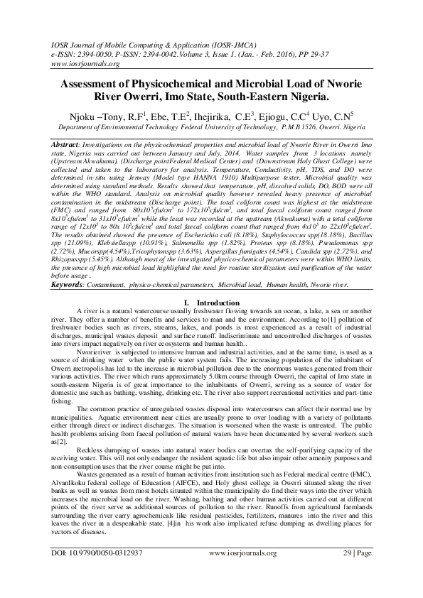 (PDF) Assessment of Physicochemical and Microbial Load of Nworie River ...