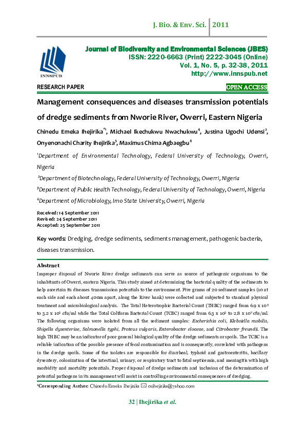 (PDF) of dredge sediments from Nworie River, Owerri, Eastern Nigeria