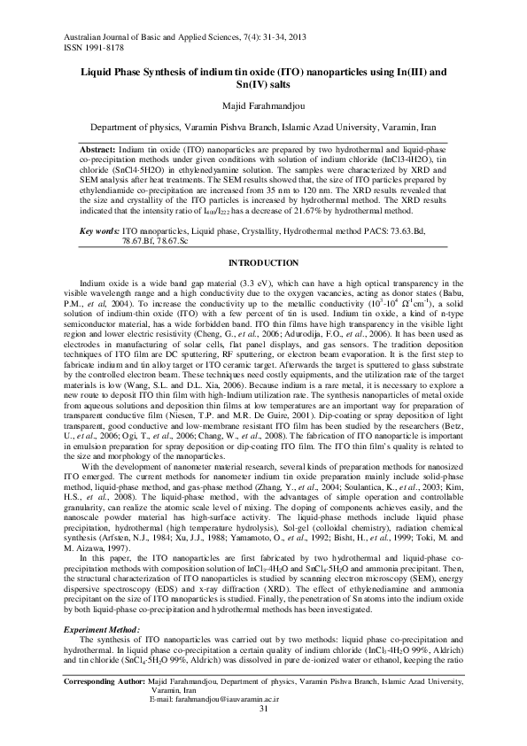 (PDF) Liquid Phase Synthesis of indium tin oxide (ITO) nanoparticles ...