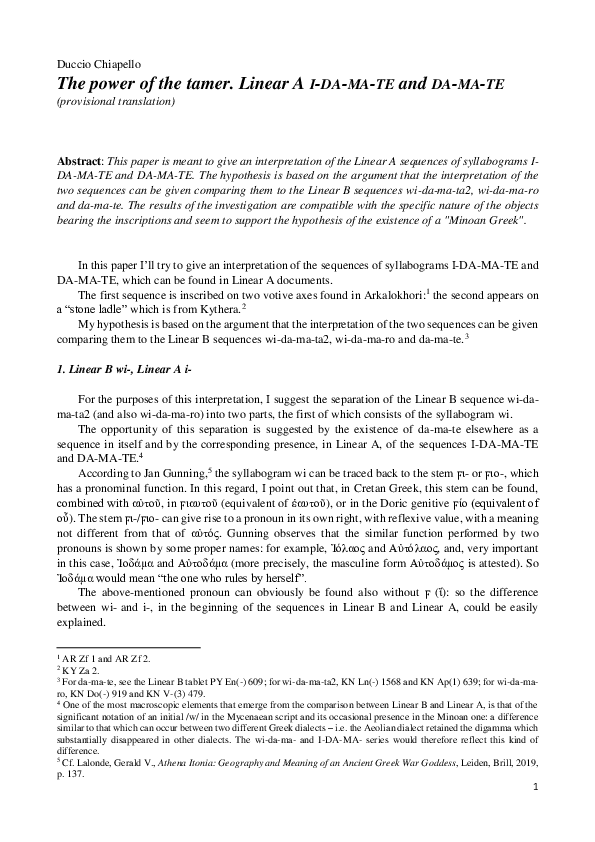 (PDF) The power of the tamer. Linear A I-DA-MA-TE and DA-MA-TE