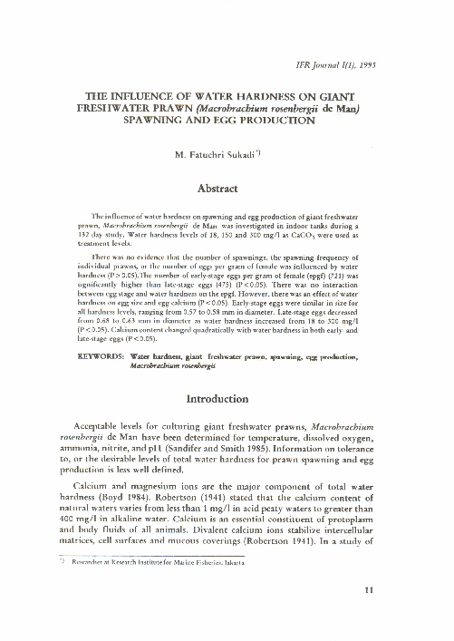 (PDF) THE INFLUENCE OF WATER HARDNESS ON GIANT FRESHWATER PRAWN ...