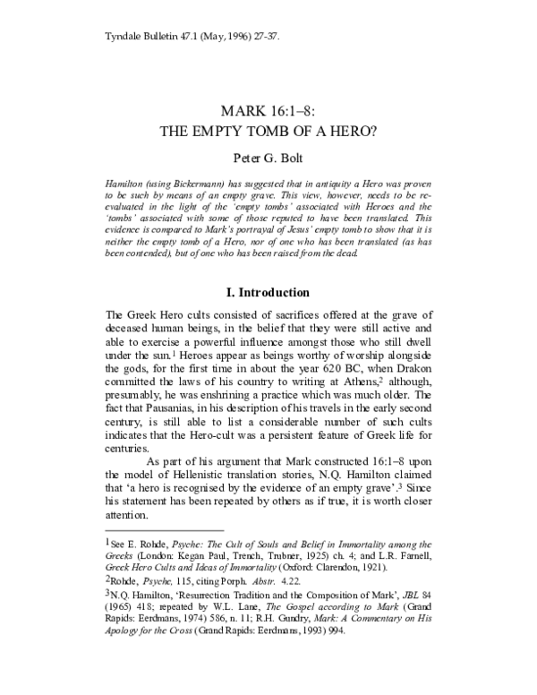 (PDF) Mark 16:1-8: The Empty Tomb of a Hero?