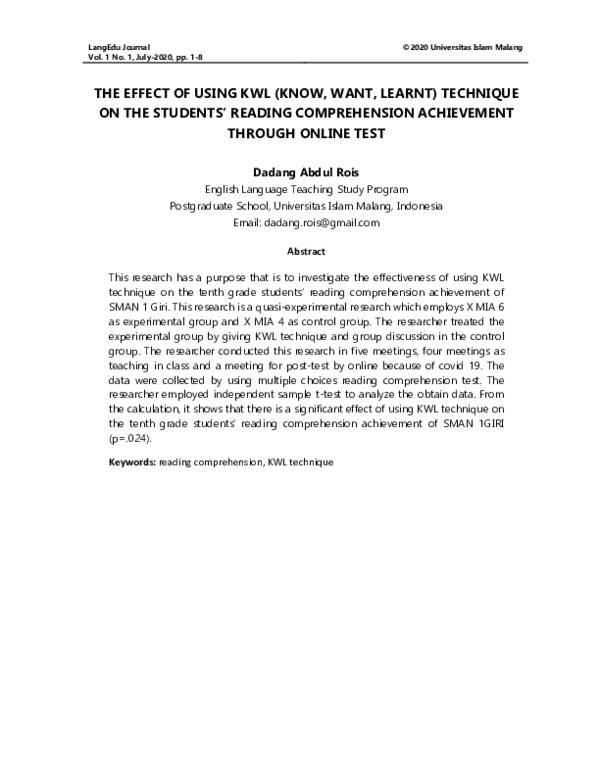 (PDF) The Effect of Using KWL Know Want Learnt Technique on the Students Reading Comprehension ...
