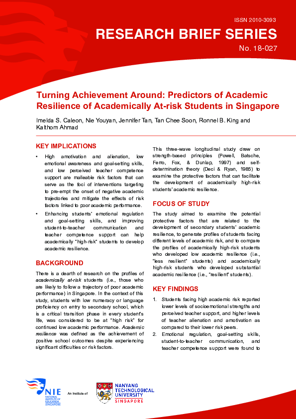 (PDF) Turning achievement around: Predictors of academic resilience of ...