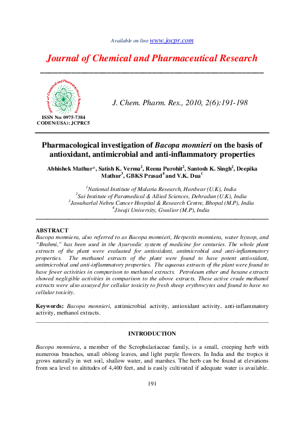 (PDF) Pharmacological investigation of Bacopa monnieri on the basis of antioxidant ...
