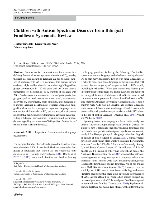 (PDF) Children with Autism Spectrum Disorder from Bilingual Families: a Systematic Review