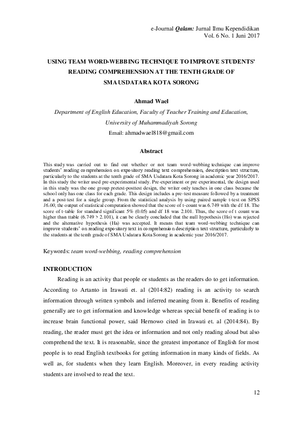 (PDF) Using Team Word-Webbing Technique to Improve Students’ Reading Comprehension at the Tenth ...