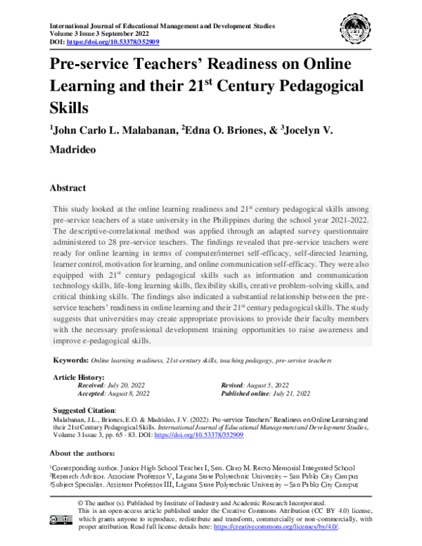 (PDF) Pre-service Teachers' Readiness on Online Learning and their 21 st Century Pedagogical Skills