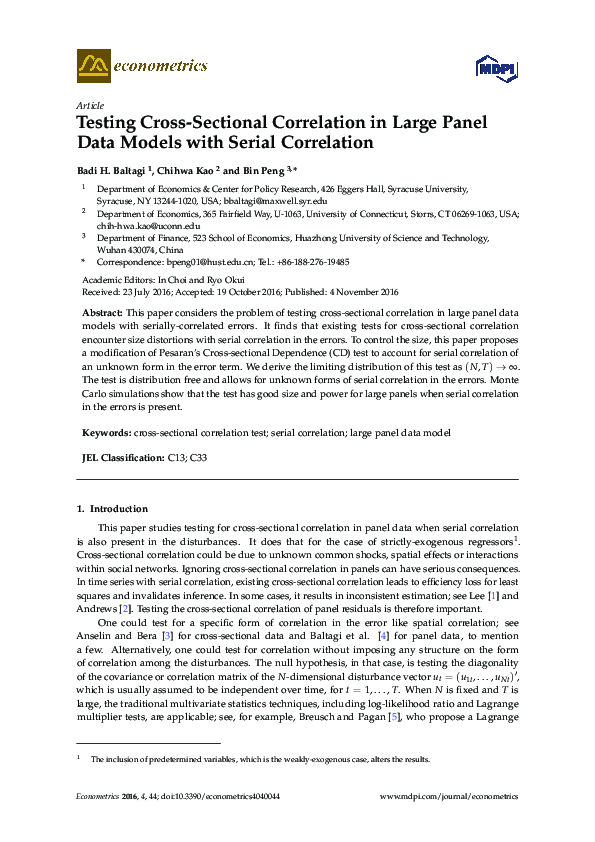Pdf Testing Cross Sectional Correlation In Large Panel Data Models With Serial Correlation
