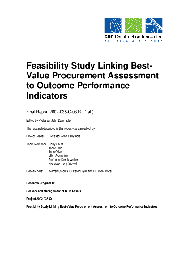 (PDF) Feasibility Study Linking Best Value Procurement Assessment to Outcome Performance Indicators