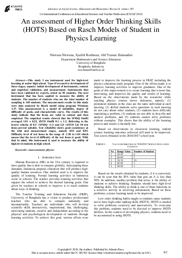 (PDF) An assessment of Higher Order Thinking Skills (HOTS) Based on Rasch Models of Student in ...