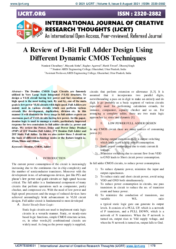 Pdf A Review Of 1 Bit Full Adder Design Using Different Dynamic Cmos Techniques