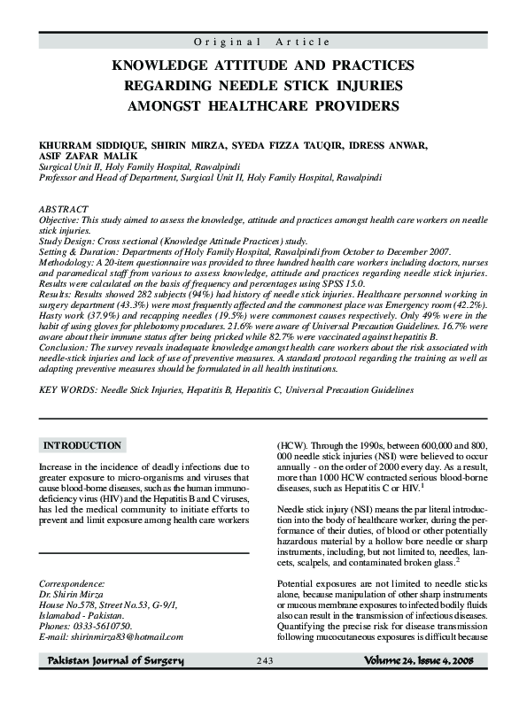 (PDF) Knowledge Attitude and Practices Regarding Needle Stick Injuries Amongst Healthcare ...