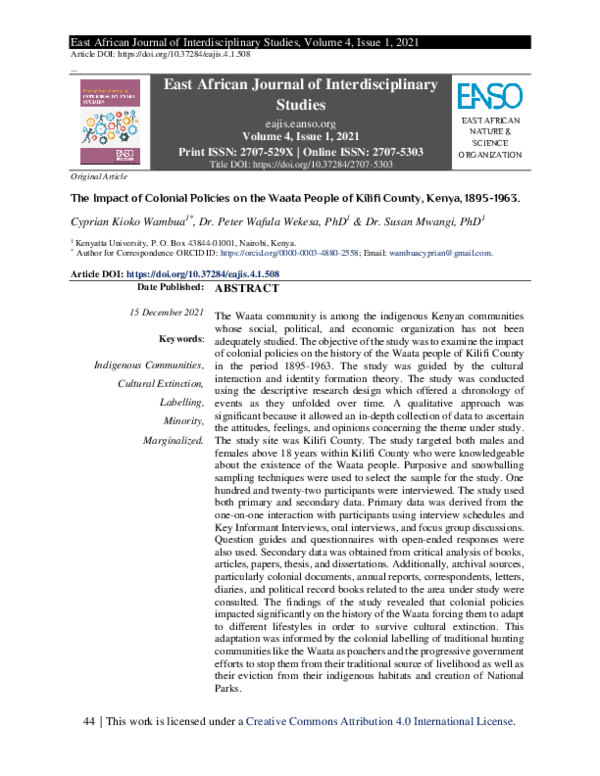 (PDF) The Impact of Colonial Policies on the Waata People of Kilifi ...