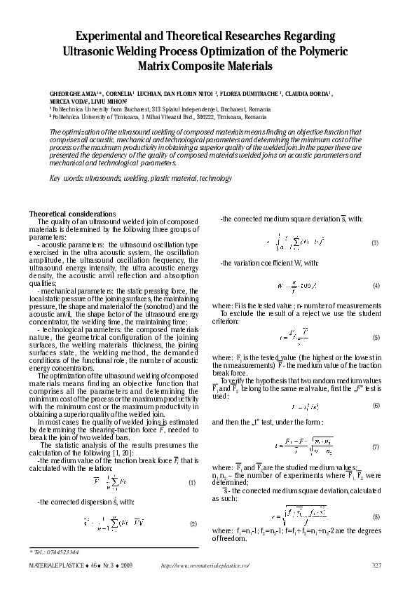(PDF) Experimental and Theoretical Researches Regarding Ultrasonic Welding Process Optimization ...