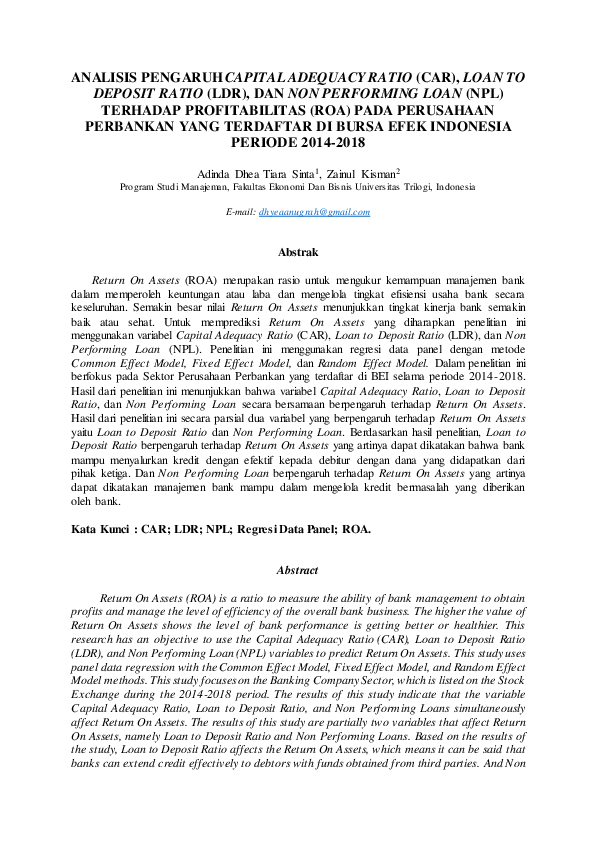 (PDF) ANALISIS PENGARUH CAPITAL ADEQUACY RATIO (CAR), LOAN TO DEPOSIT RATIO (LDR), DAN NON ...