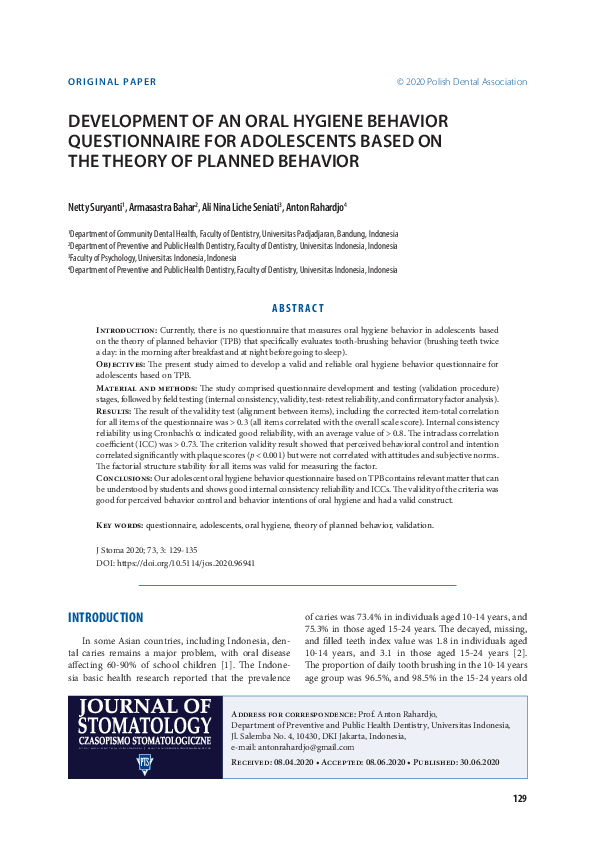 (PDF) Development of an oral hygiene behavior questionnaire for ...
