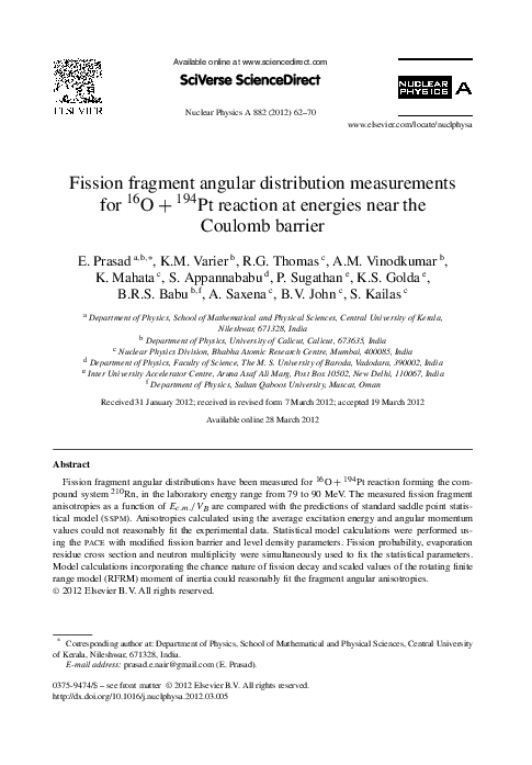 Pdf Fission Fragment Angular Distribution Measurements For 16o194pt Reaction At Energies Near