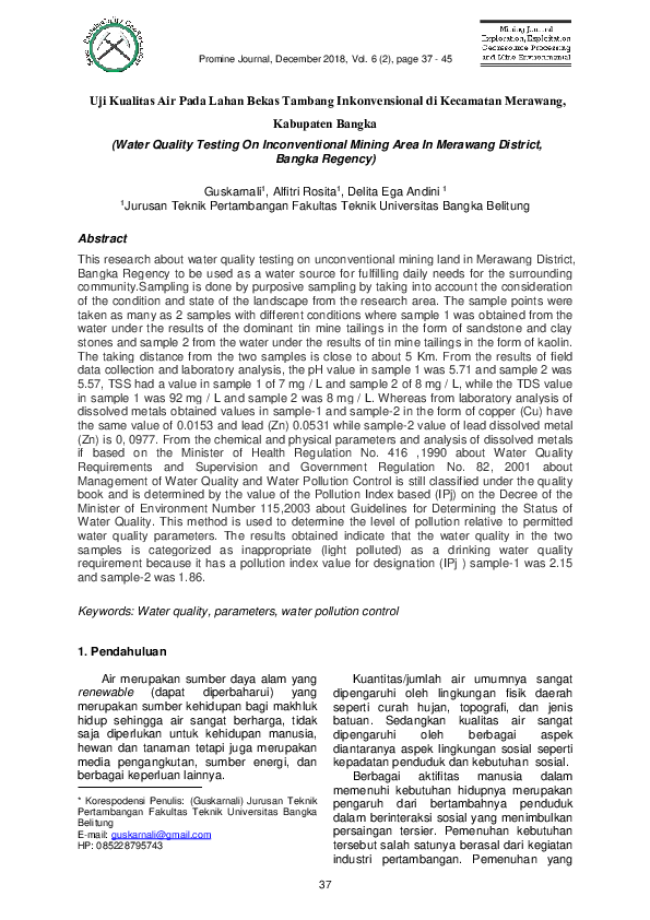 (PDF) Uji Kualitas Air Pada Lahan Bekas Tambang Inkonvensional di ...