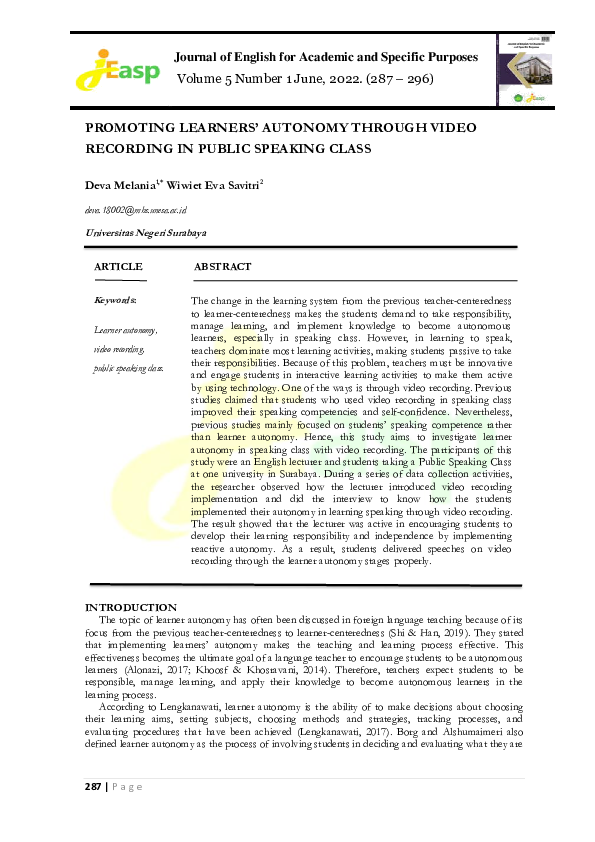 (PDF) Promoting Learners’ Autonomy Through Video Recording in Public Speaking Class