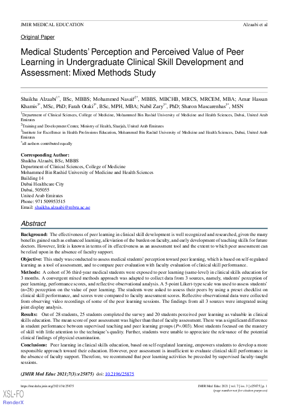 (PDF) Medical Students’ Perception and Perceived Value of Peer Learning ... (PDF) Medical Students’ Perception and Perceived Value of Peer Learning ...