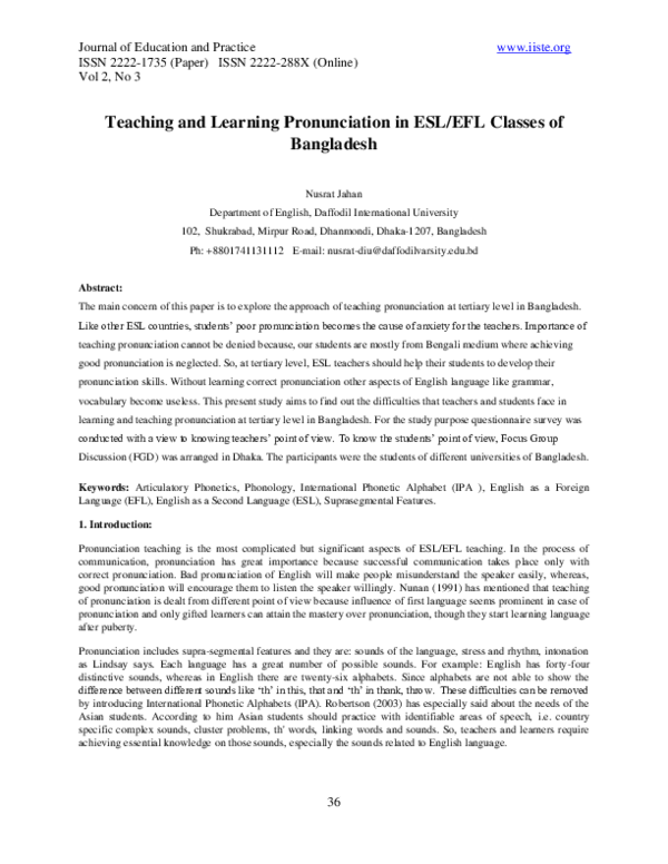 (PDF) Teaching and Learning Pronunciation in ESL/EFL Classes of Bangladesh