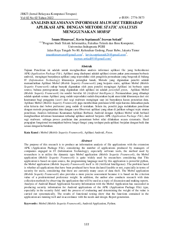 (PDF) Analisis Keamanan Informasi Malware Terhadap Aplikasi Apk Dengan Metode Static Analysis ...