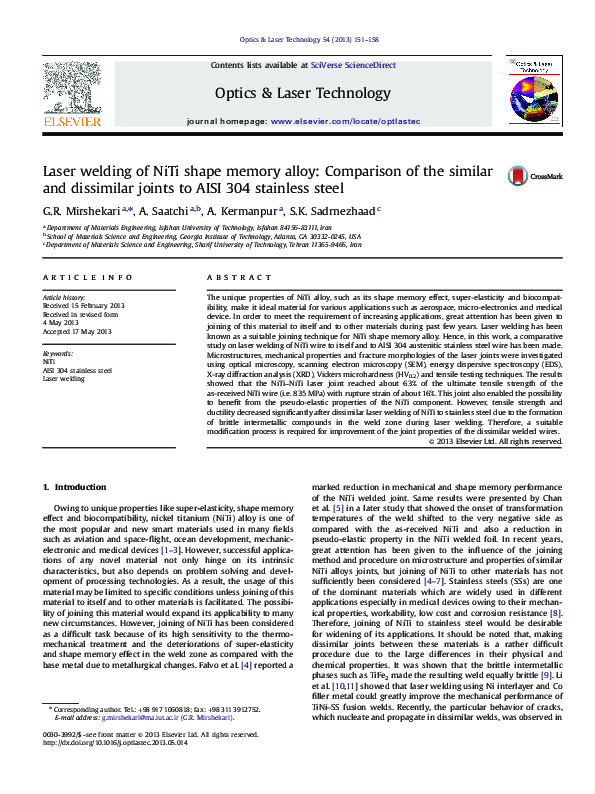 (PDF) Laser welding of NiTi shape memory alloy: Comparison of the similar and dissimilar joints ...