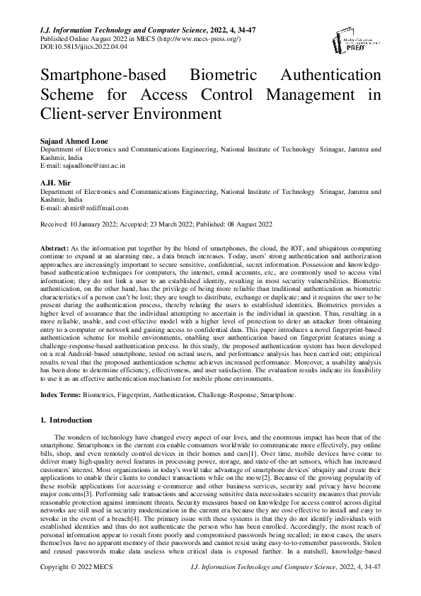 Pdf Smartphone Based Biometric Authentication Scheme For Access Control Management In Client 