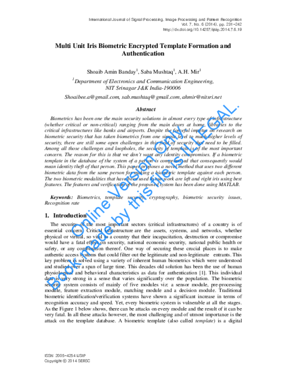 Pdf Multi Unit Iris Biometric Encrypted Template Formation And