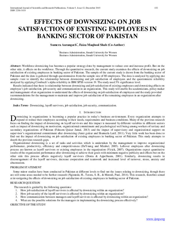 (PDF) Effects of Downsizing on Job Satisfaction of Existing Employees in Banking Sector of Pakistan