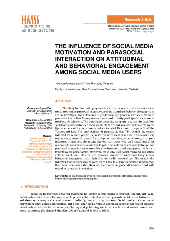 (PDF) THE INFLUENCE OF SOCIAL MEDIA MOTIVATION AND PARASOCIAL ...