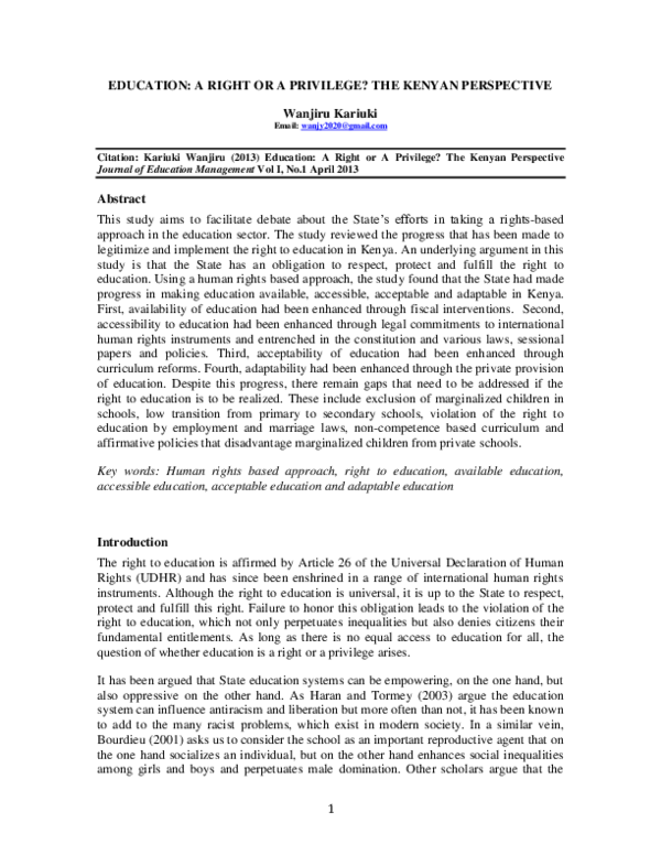 (PDF) EDUCATION: A RIGHT OR A PRIVILEGE? THE KENYAN PERSPECTIVE