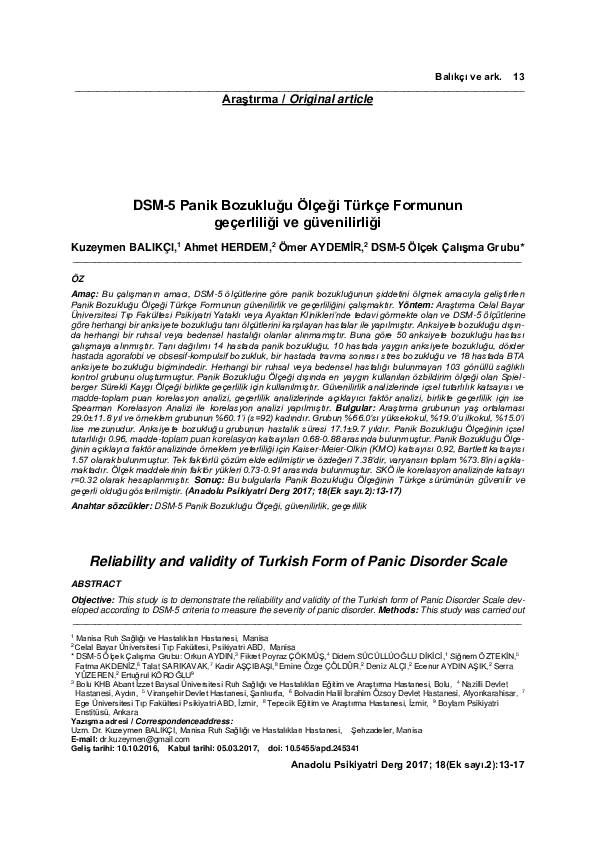 (PDF) Reliability and validity of Turkish Form of Panic Disorder Scale