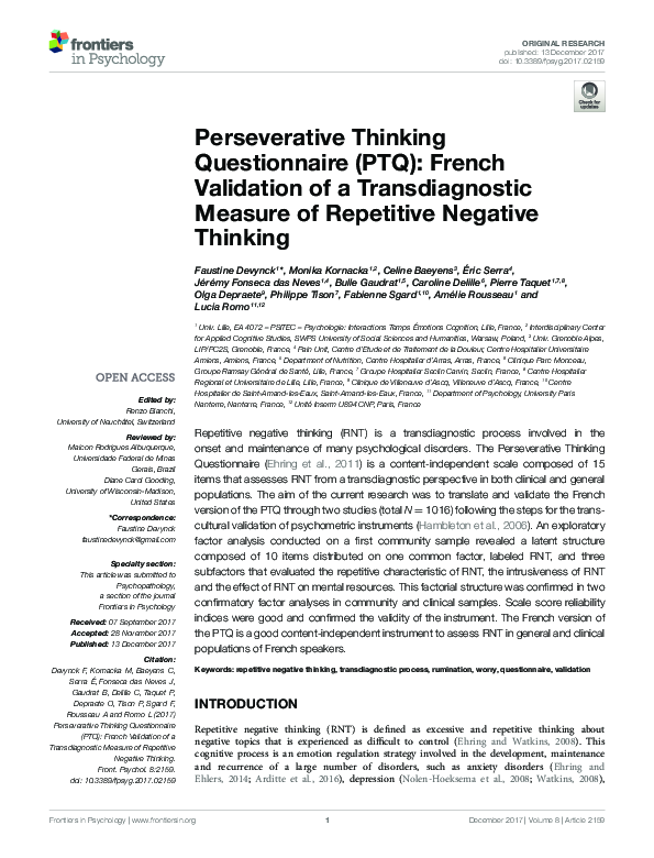 (PDF) Perseverative Thinking Questionnaire (PTQ): French Validation of ...