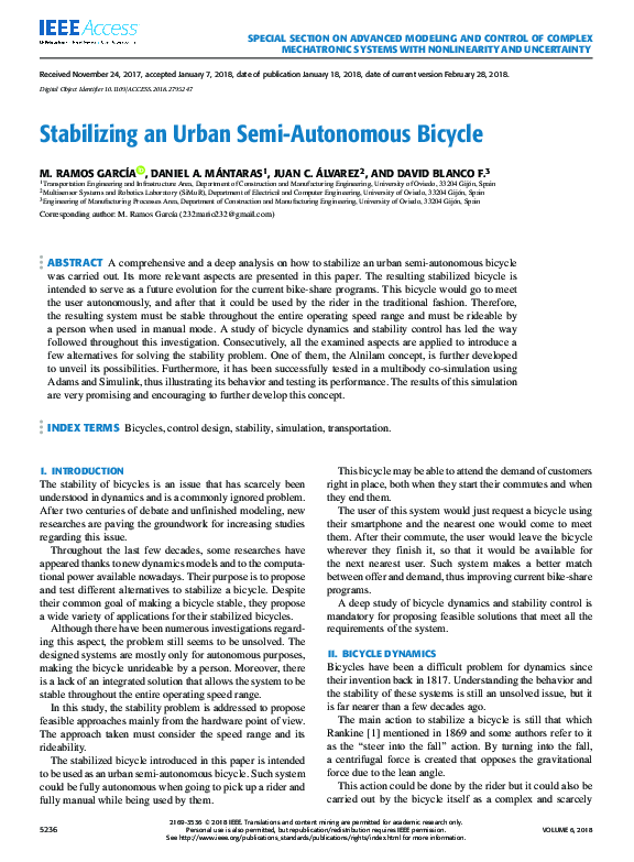 (PDF) Stabilizing an Urban Semi-Autonomous Bicycle