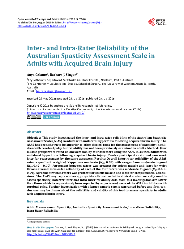 (PDF) Inter- and Intra-Rater Reliability of the Australian Spasticity ...