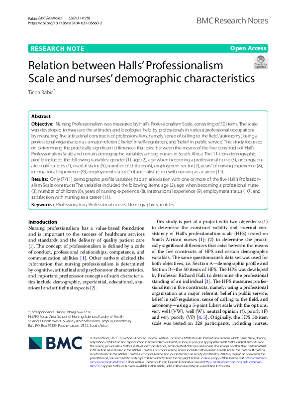 (PDF) Relation between Halls’ Professionalism Scale and nurses’ demographic characteristics ...