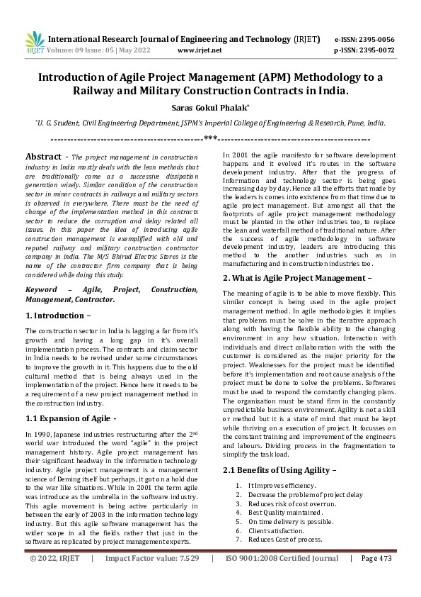 Pdf Introduction Of Agile Project Management Apm Methodology To A Railway And Military