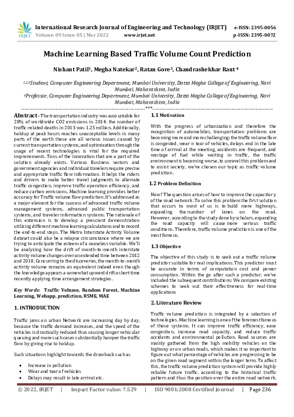 (PDF) Machine Learning Based Traffic Volume Count Prediction