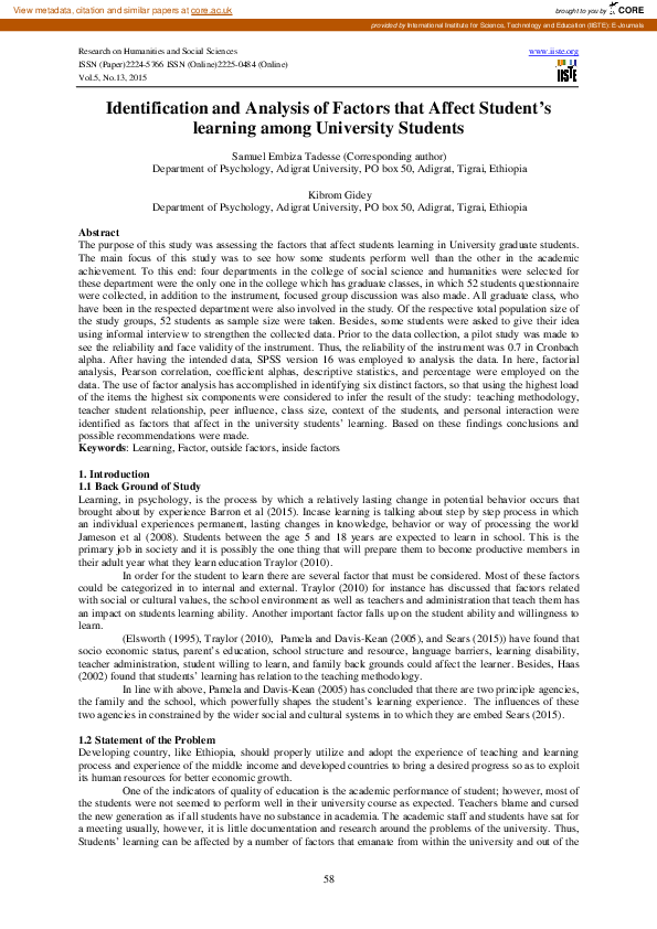 (PDF) Identification and Analysis of Factors that Affect Student’s ...