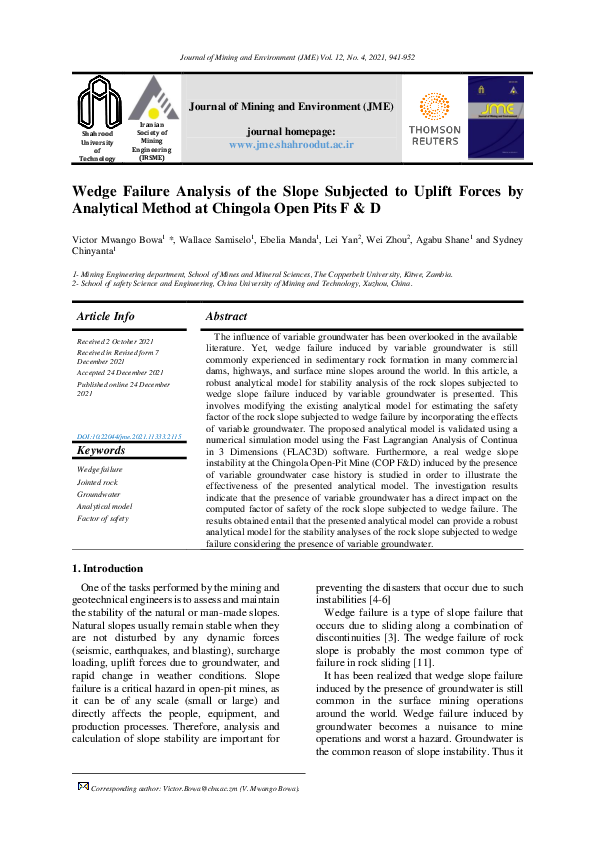 (PDF) Wedge Failure Analysis of the Slope Subjected to Uplift Forces by ...