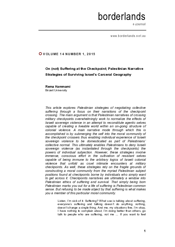 (PDF) On (Not) Suffering at the Checkpoint; Palestinian Narrative ...