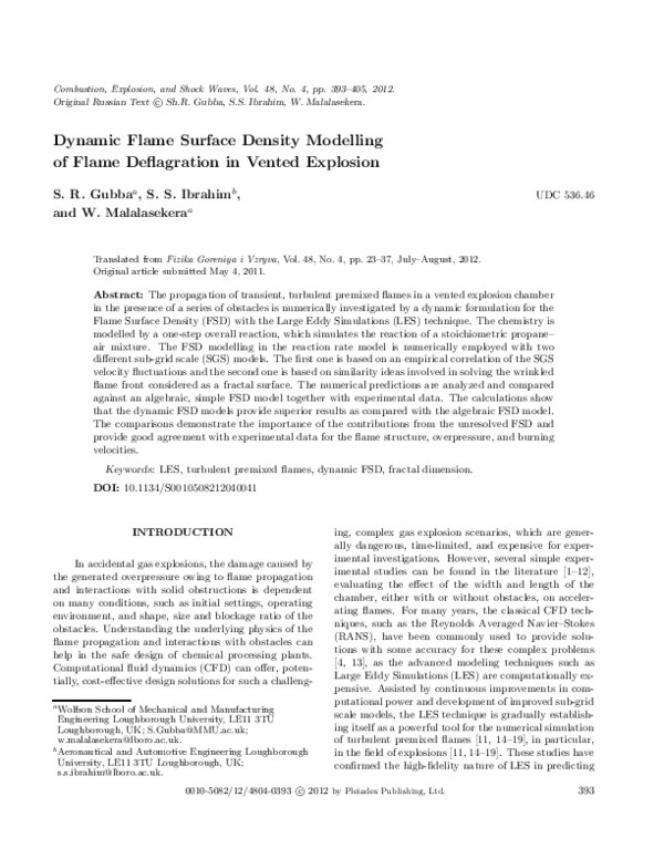 (PDF) Dynamic flame surface density modelling of flame deflagration in ...