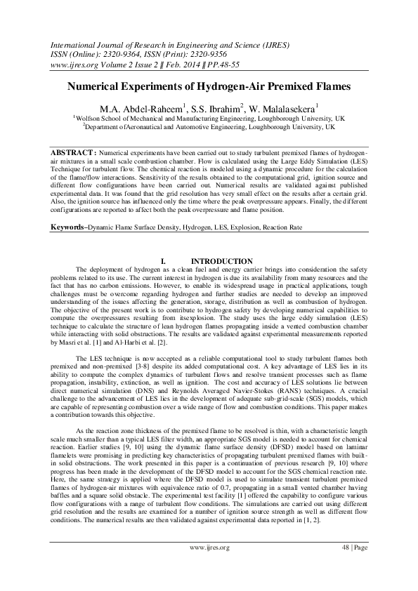 (PDF) Numerical Experiments of Hydrogen-Air Premixed Flames