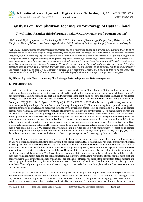 Pdf Analysis On Deduplication Techniques For Storage Of Data In Cloud