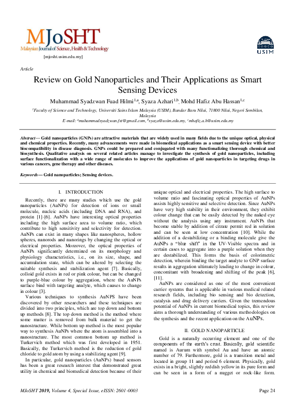 (PDF) Review on Gold Nanoparticles and Their Applications as Smart Sensing Devices
