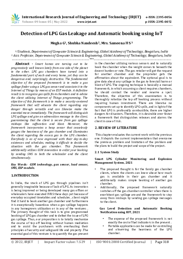 (PDF) Detection of LPG Gas Leakage and Automatic booking using IoT