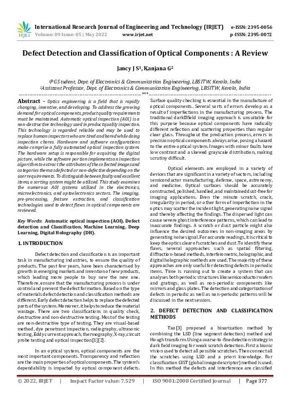 Pdf Defect Detection And Classification Of Optical Components A Review